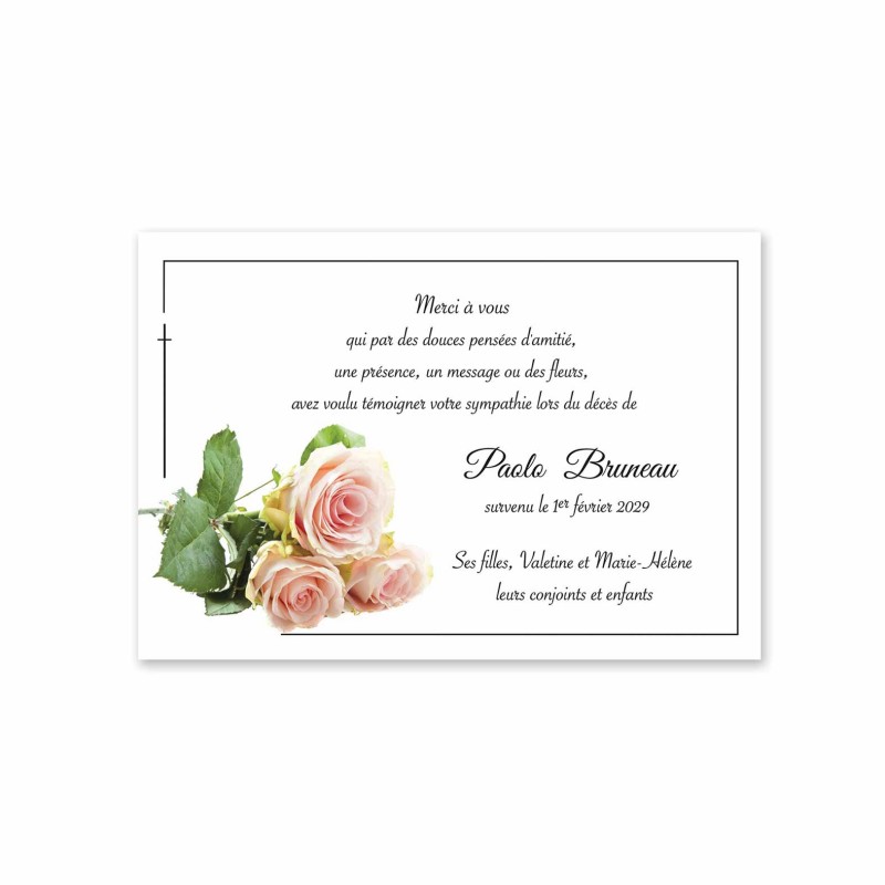 Carte remerciements décès, condoléances bouquet trois roses pastels