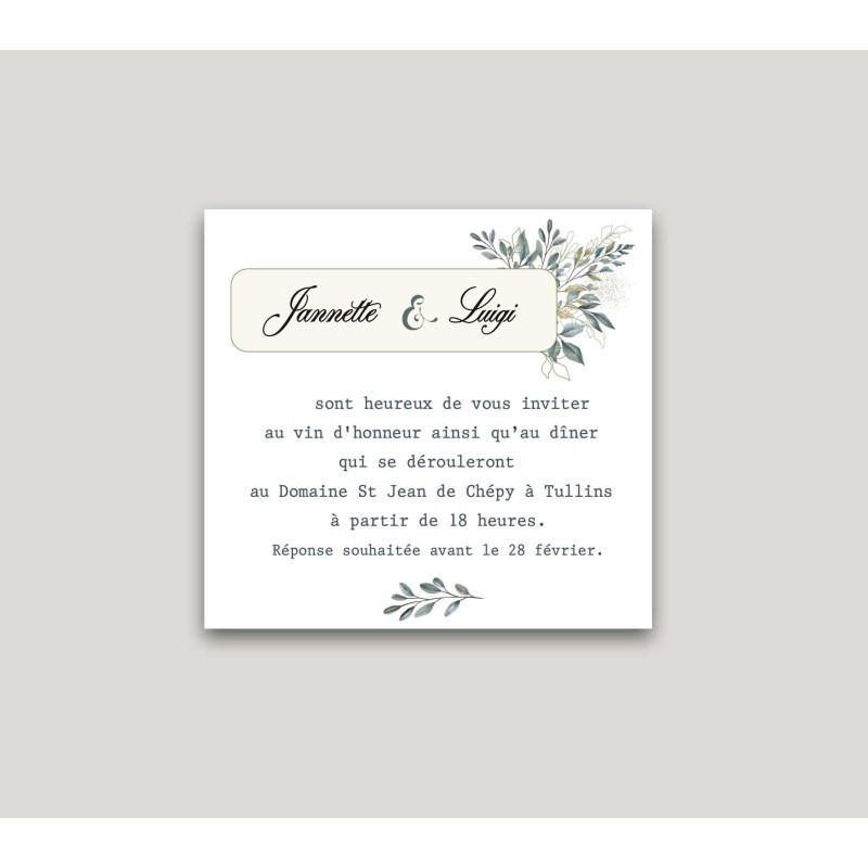 carte invitation diner, cocktail, mariage joli feuillage en aquarelle