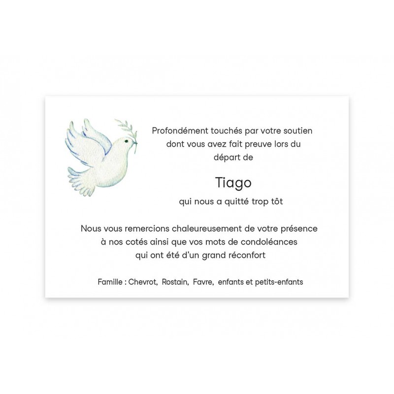 Carte remerciement décès Colombe libre condoléances de tradition